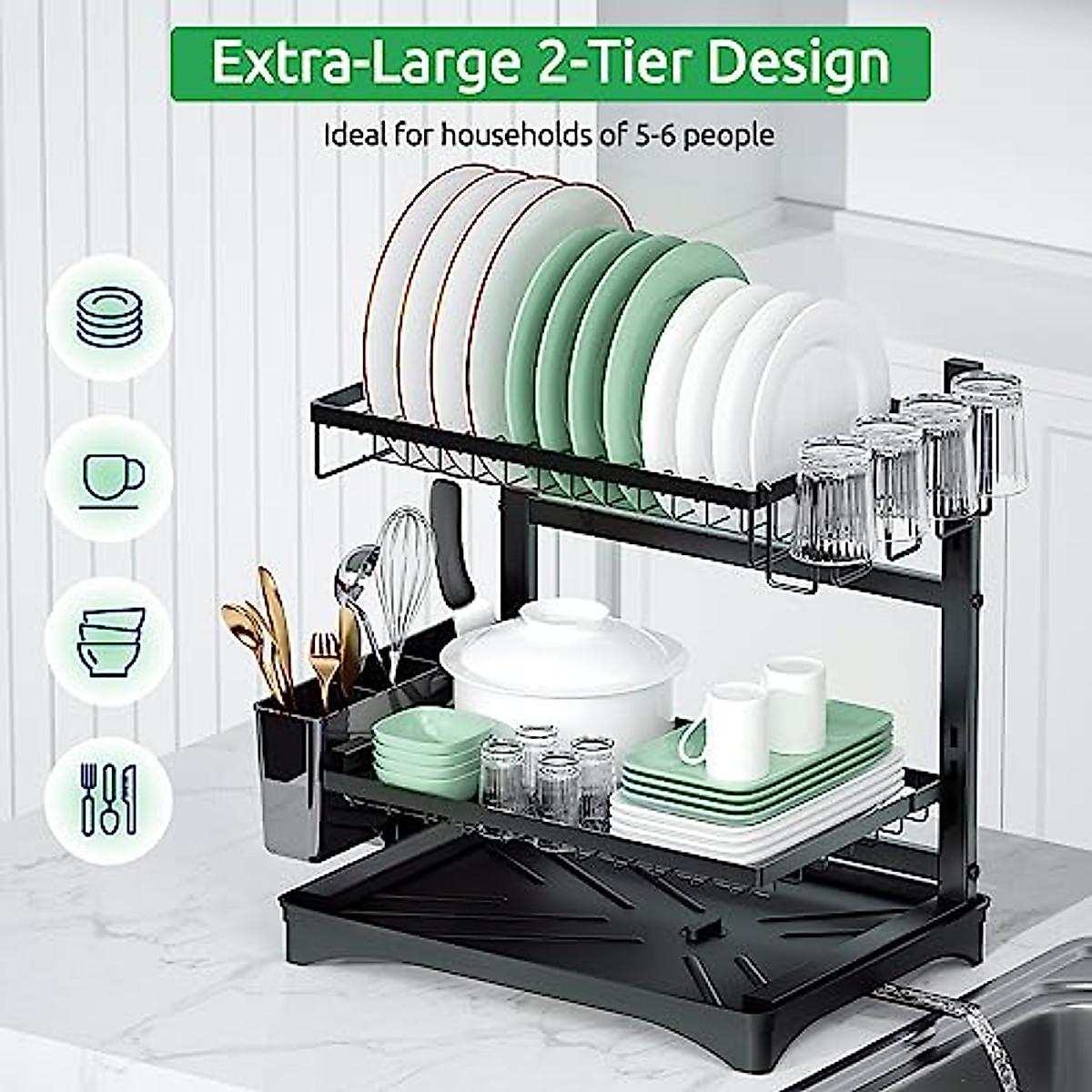 KOOTETA Dish Drying Rack, 2-Tier Dish Rack for Kitchen Counter, Space Saving Kitchen Drying Rack, Dish Dryer Rack with Drainboard, Utensil Holder and Cup Holders, Black