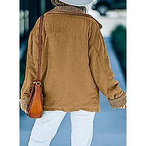 Dokotoo Stylish Women's Ladies Thick Sherpa Lined Warm Corduroy Jackets Classic Button Down Long Sleeve Comfy Teddy Bear Oversized Coat for Fall Winter with Side Pockets Brown 2XL