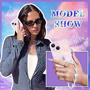 Goocrux (4in1 Case for Apple iPhone 13 Mini Butterfly Glitter Handmade Sequin Sparkle Pretty for Women Girls Clear Design Crystal Sparkly Cute Girly Phone Cases+Chain+Camera Cover+Screen Protector