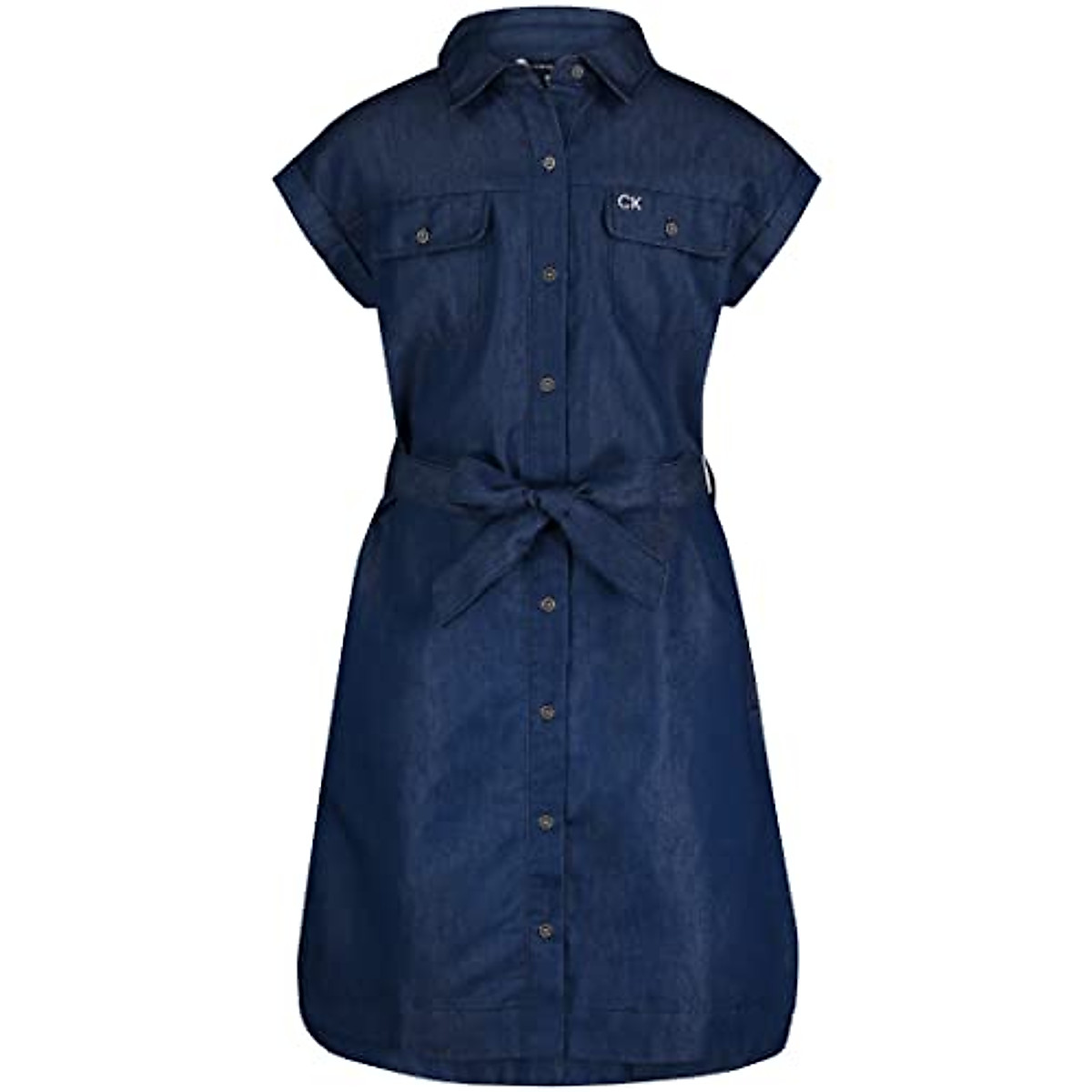 Calvin Klein Girls' Short Sleeve Denim Shirt Dress, Dark Chambray, 7