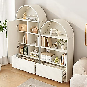 FIFOR 72.8in Tall Arched Bookcase with Drawers, 3 Layer White Display Cabinet, Open Kids Bookshelf and Toy Organizer Cabinet