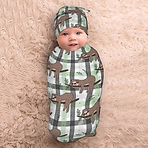 AuHomea Cute Doodle Sloth Print Newborn Swaddle Blanket Soft Unisex Infant Swaddle Wrap Blanket Baby Receiving Blanket with Beanie Hat for Boy and Girl
