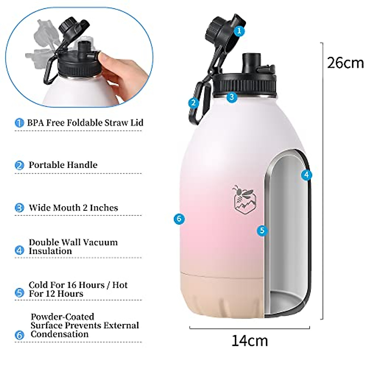 Boulder Bee | 64 oz Insulated Water Bottles | Stainless Steel Thermos for Hot & Cold Drinks | Double Vacuum Walled Gym Water Bottle | Large Metal Jug for Travel, Hiking, Camping (Light Pink)