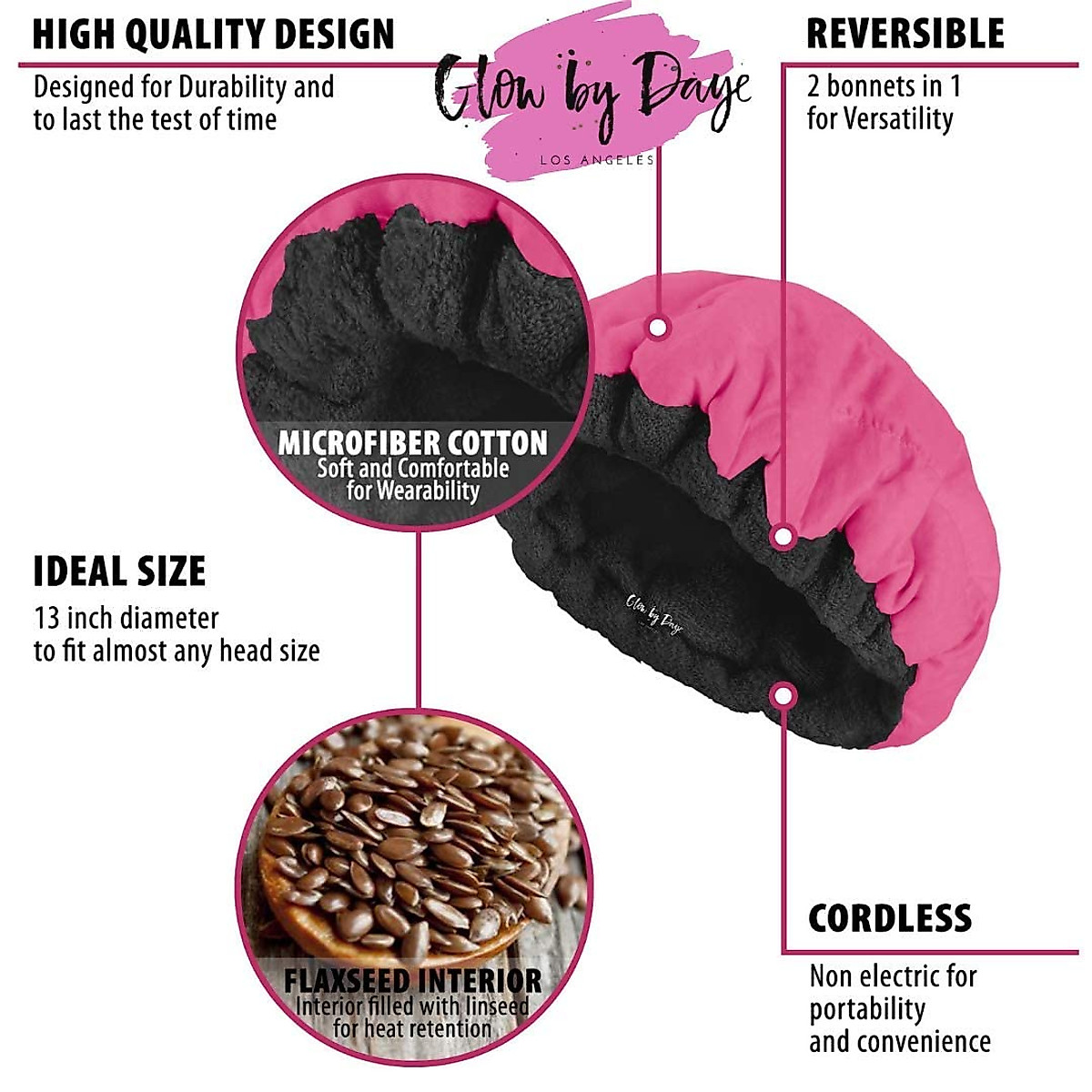 Glow by Daye Cordless Deep Conditioning Thermal Heat Cap, Microwavable Heat Therapy for Hair, Portable, Reversible Pink Punch