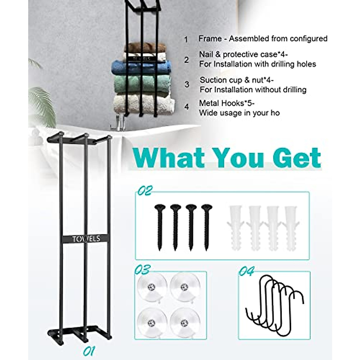 KOCWELL Towel Racks for Bathroom Wall Mounted, 3 Bar Bathroom Towel Holder with Extra 4 Suction Cups and 5 Hooks, Bathroom Towel Storage, Metal Bath Towel Holder for Large Towel Washcloths, Black