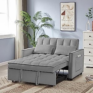 YUNLife&Home Modern Upholstered Futon Loveseat Sofa Convertible to Sleeper Sofá Bed,Love Chaise Lounge Couch Chair 2-Seat with Adjustable Backrest,Side Pockets&Lumbar Pillows for Living Room