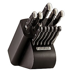 Sabatier Self-Sharpening 12-piece Forged Triple Rivet Knife Block Set with Edgekeeper Technology, High-Carbon Stainless Steel Kitchen Knives, Razor-Sharp Knife Set with Wood Block, Black