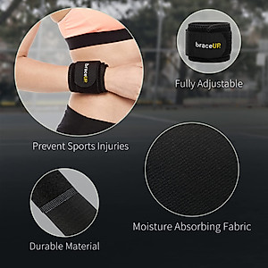 BraceUP Wrist Compression Strap and Wrist Wrap Wrist Band, Brace for Tendonitis, Tennis, Gym, Workout, One Size Adjustable (Black), 1 PC