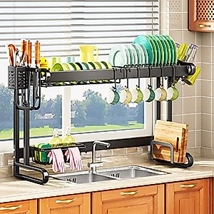 Over The Sink Dish Drying Rack, 2 Tier Adjustable Length (18.9" to 33.5") Sturdy Kitchen Counter Dish Rack Organizer, Black