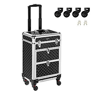 mefeir Aluminum Rolling Makeup Train Case, Portable Makeup Organizer Suitcase, Cosmetic Storage Box, Travel Beauty Luggage Trolley Lockable w/4 Removable Wheels & 2 Sliding Drawers (Black)