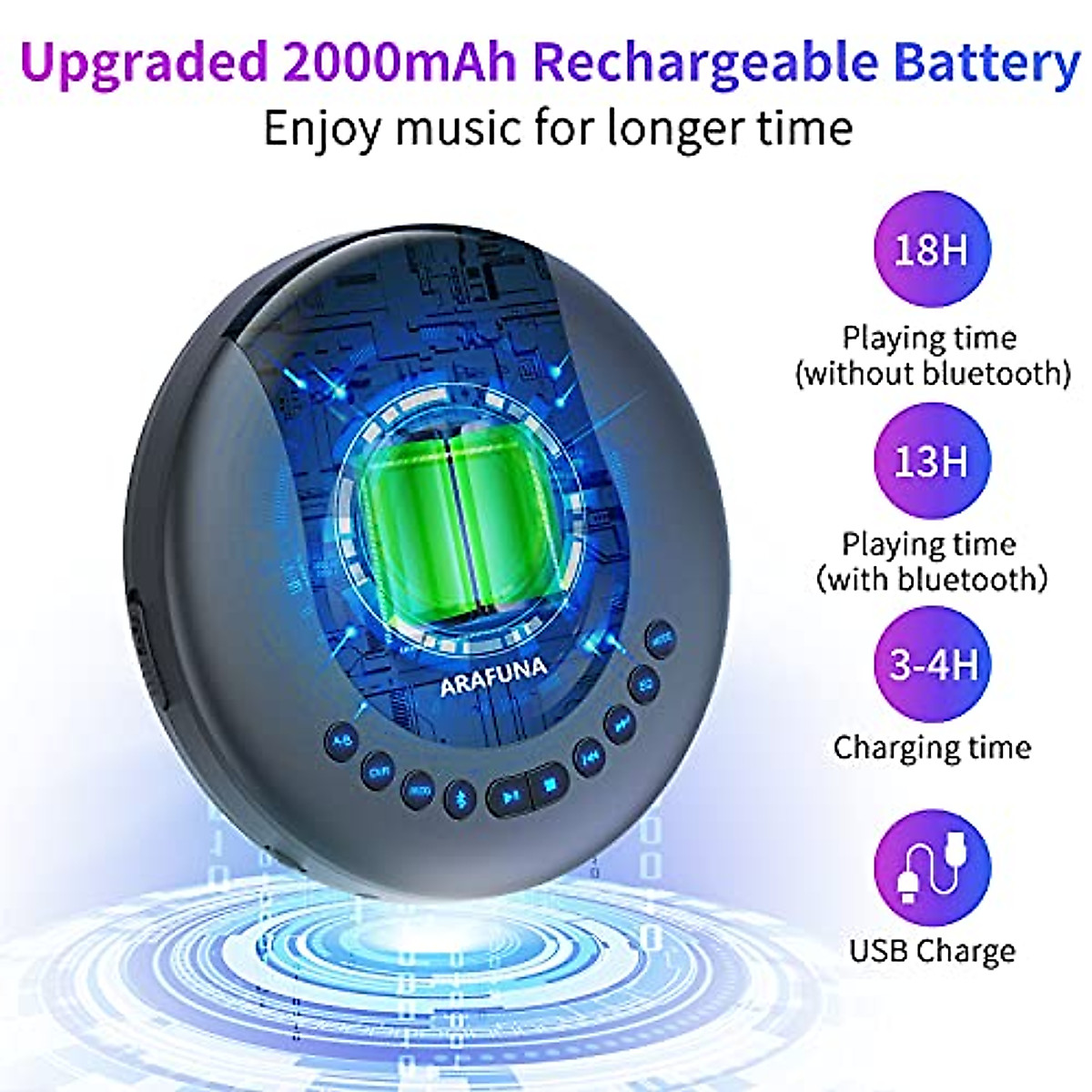 CD Player Portable, ARAFUNA Bluetooth CD Player for car, 2000mAh Rechargeable Portable CD Player with LCD Screen, Anti Shock Protection Walkman CD Player with Headphone -Upgraded