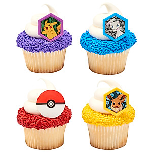 DecoPac Pokémon I Choose You Rings, Cupcake Decorations With Pikachu, Eevee, Mew, and Poké Ball, Multicolored Food Safe Cake Toppers – 24 Pack