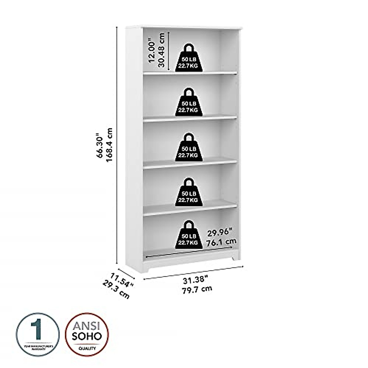 Bush Furniture Cabot Tall 5 Bookcase in White