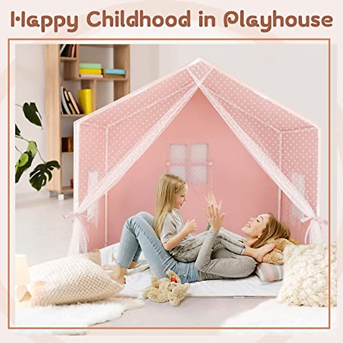 Kids Play Tent Indoor Outdoor, Large Play House Tents for Toddlers 3-12 Years Old, Girls Boys Play Tents with Non-Slip Mat and Star Lights, Pink 51" x 35.5" x 52"