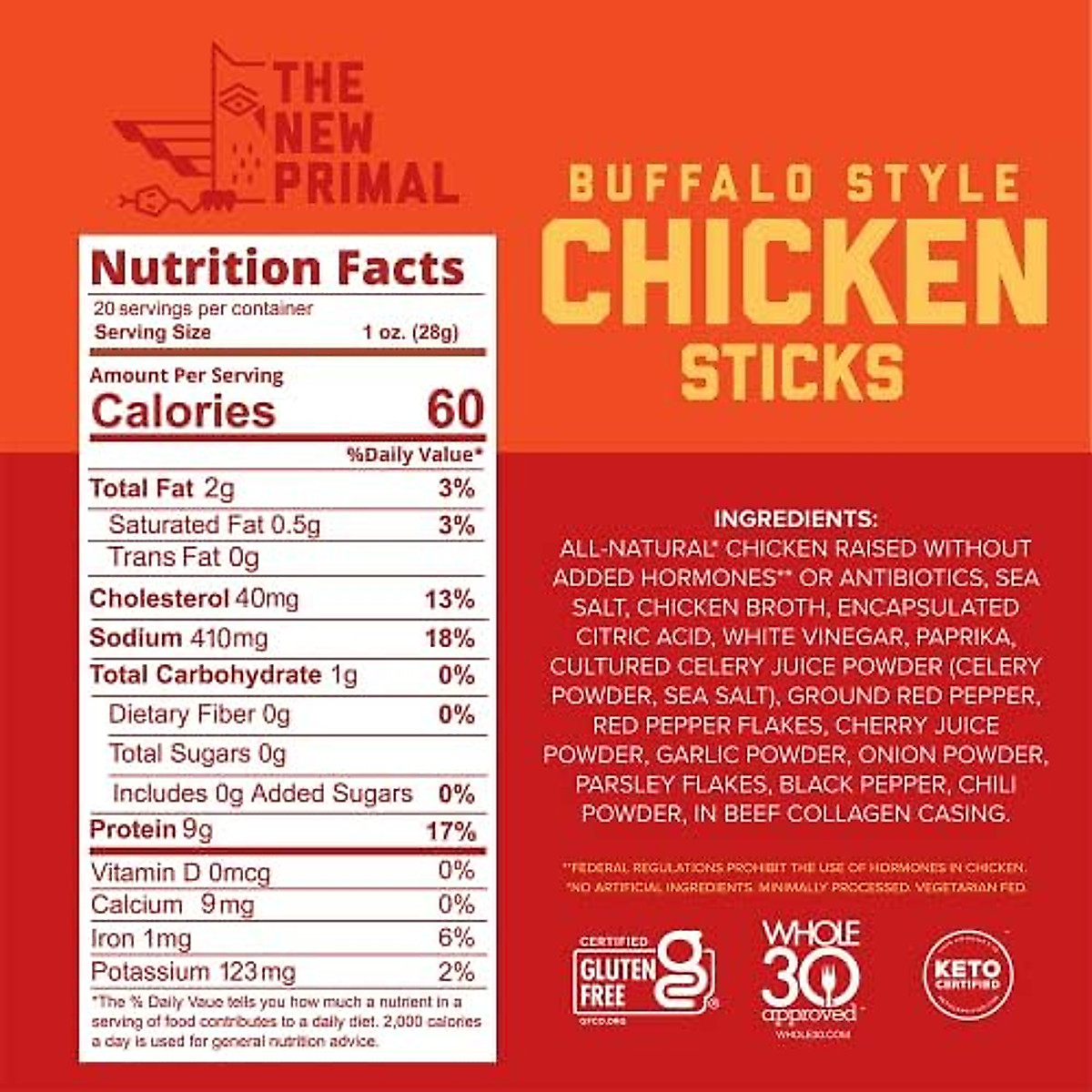 The New Primal Buffalo Chicken Sticks, Keto, Gluten Free Healthy Snacks, Sugar Free Low Carb High Protein, Jerky Meat Stick, 9g Protein, 20 Ct