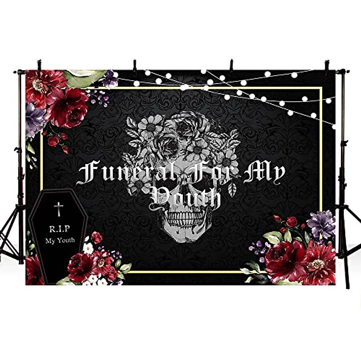 Sendy SENDY 7x5ft Funeral for My Youth Backdrop RIP to My 20s Birthday Photography Background Burgundy Red Flower Skull Tombstone Party Decoration Banner Photo Booth Props