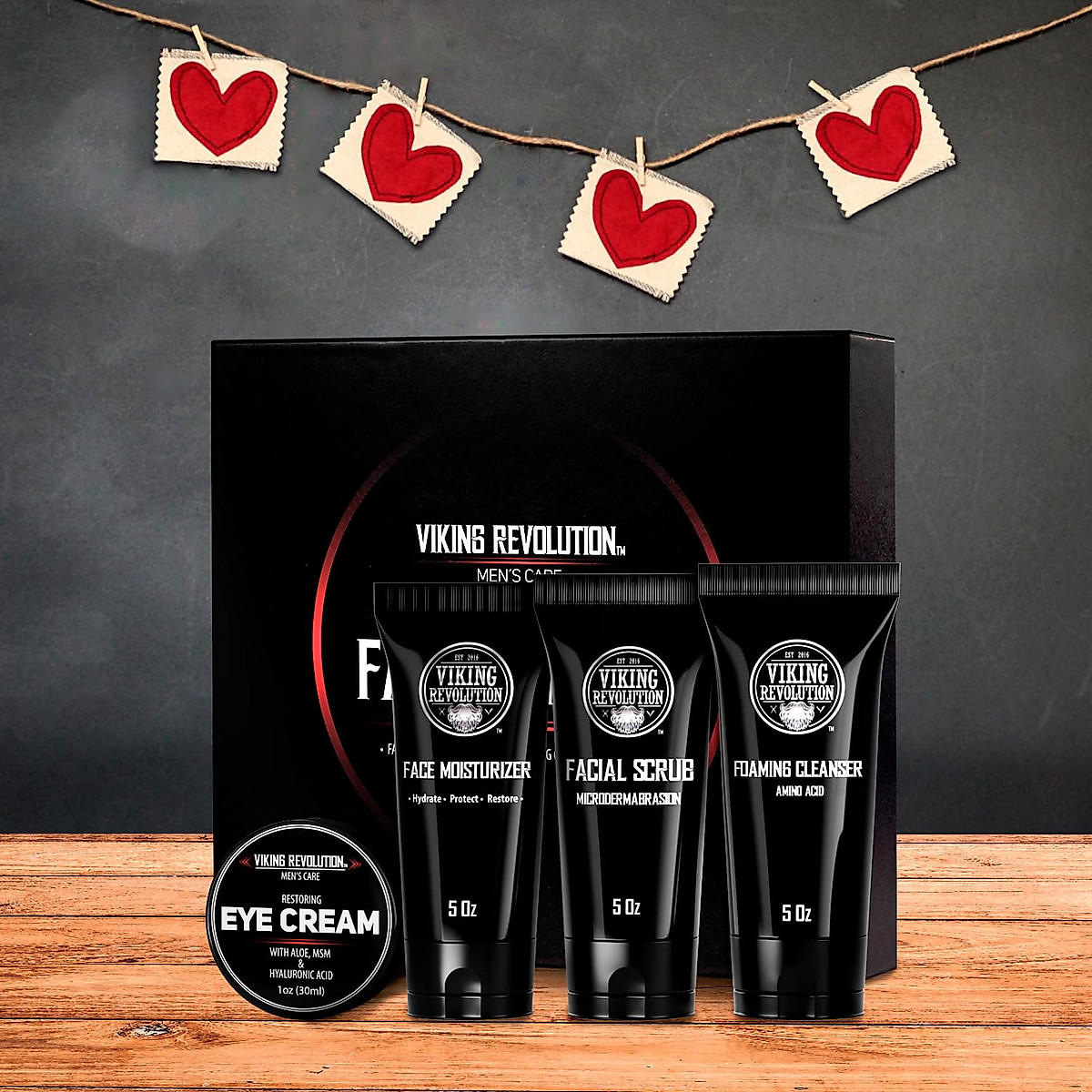 Viking Revolution Mens Facial Skin Care Kit - Includes Rejuvenating Face Moisturizer (5oz) Microdermabrasion Facial Scrub (5oz) Foaming Cleanser (5oz) Eye Cream (1oz)