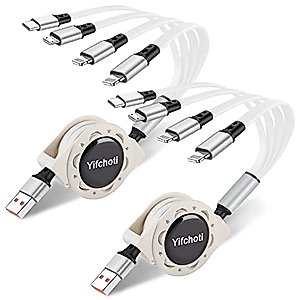 2 Pack 4 in 1 Multi USB Retractable Charger Cable,Fast Multiple Charging Cord Adapter with Dual Phone/USB-C/Micro-USB Port Adapter, Fast Charging Compatible with Cell Phones Tablets Universal Use