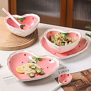 Angoily Ceramic Dessert Bowls Plate: 1 Set Love Heart Shaped Strawberry Salad Bowl with Spoon Porcelain Mixing Bowls for Soup Pasta Dessert Cereal Snack Rice Noodles Ice Cream