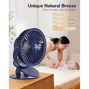 CAFELE Stroller Clip on Fan, 【Ultra Quiet】 Rechargeable Battery Operated Personal Fan Strong Airflow, 4 Speeds Max 24Hrs 6-inch Small Portable Fan for Bed Desk Car Seat White Blue