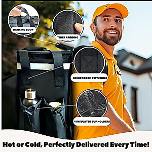 Insulated Food Delivery Backpack made with Expandable 1680D commercial-grade fabric features customizable Velcro patch area for branding, ideal for bike deliveries, Uber Eats, DoorDash, Grubhub