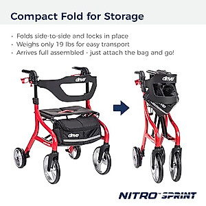 Drive Medical Nitro Sprint Foldable Rollator Walker with Seat, Standard Height Lightweight Rollator with Large Wheels, Folding Rolling Walker, Walker Rollator with Seat, Red