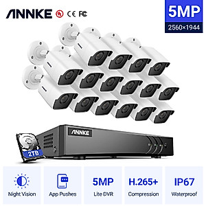 ANNKE 16 Channel 5MP Security Camera Systems H.265+ 5MP Lite DVR with 2TB Hard Drive, 16pcs 5MP Indoor Outdoor Surveillance Cameras, Easy Remote Monitoring, 100ft Super Night Vision