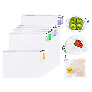 purifyou Reusable Produce Bags | Washable Mesh Set of 9 Grocery with Drawstring, Large Foldable Washable Shopping Bags for Fridge Storage, Freshness, Fruits, Vegetables, Toys, Groceries, Kitchen, Home, Farmers Market, Gift Bags and Travel