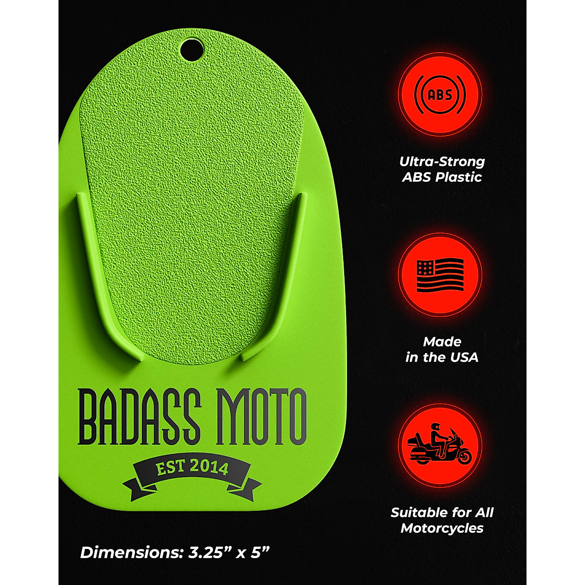 Badass Moto Motorcycle Kickstand Pads - Motorcycle Pads Durable Motorcycle Kickstand Plate, Biker Kick Stand, Motorcycle Stand Pad - Park Your Bike on Hot Pavement, Grass, Soft Ground - Go Fast Green