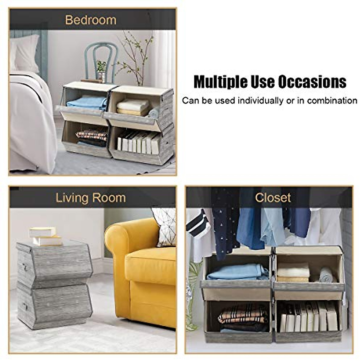 Giantex Storage Bins Set of 4 Stackable Cubes Fabric Baskets w/Lid, Side Handles, Magnetic Linen Container Boxes for Toys, Clothes, Files Foldable Closet Organize Bags 15”x14”x10” (Gray)