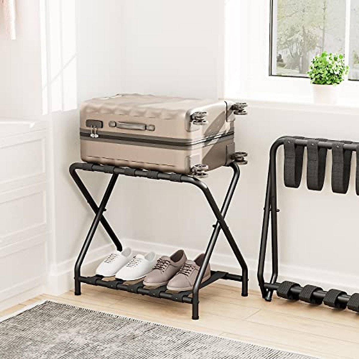 HOOBRO Luggage Racks Set of 2, Folding Suitcase Stand for Guest Room, Metal Luggage Holder with Storage Shelf, Bedroom, Hotel, Black BK03XLP201G2