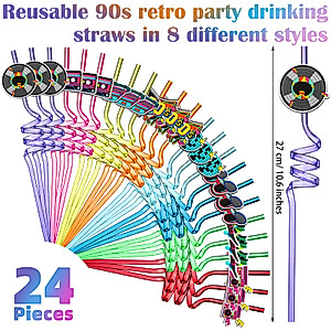 24 Pieces Christmas 90s Theme Straws 90's Rock Disco Party Supplies 1990's Retro Plastic Drinking Straws 90's Party Decorations for Birthday Disco Dancing Parties 8 Styles, 8 Colors