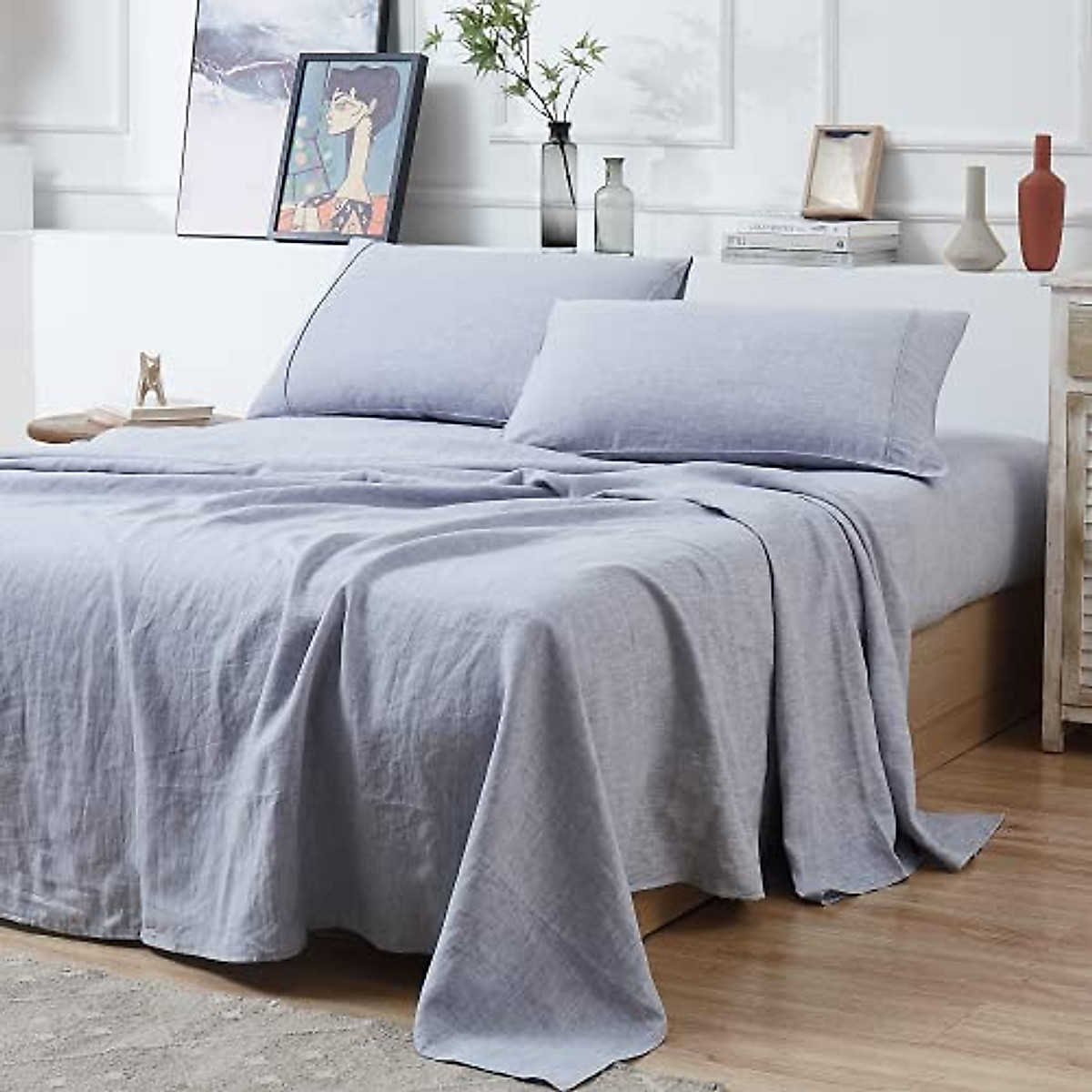 Berklan Linen Sheets King 100% French Natural Linen with Stone Washed 16 Inch Deep Pocket Organic Linen Sheets 200GSM Ultra Breathable(1 Flat 1 Fitted Sheet and 2 Pillowcases Blue King)