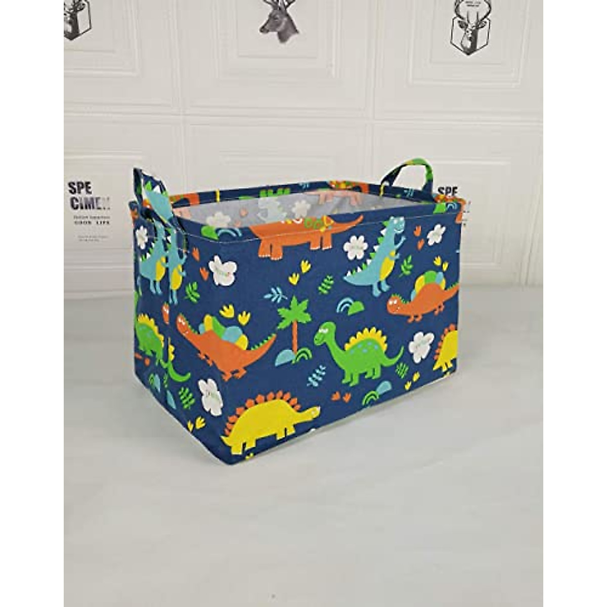 ACMUUNI REC Canvas Clothes Basket Laundry Hamper with Handles Waterproof Cotton Storage Organizer Perfect for Kids Boys Girls Toys Nursery Gift Basket (REC blue dinosaur)
