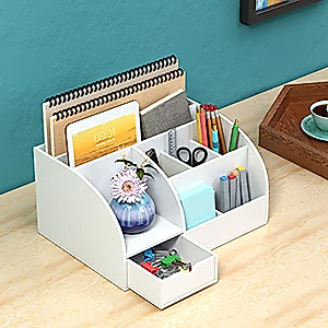 FEMELI Office Desk Organizer and Accessaries,Acrylic Desk Organizer with 8 Compartments +1 Drawer(White)