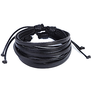 STWTR Adjustable Leather Bracelet Black Leather Wristband cuff genuine men and women