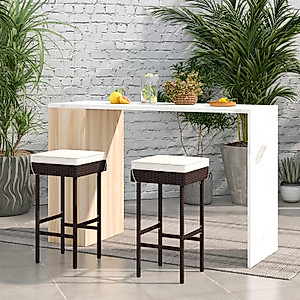 HAPPYGRILL Patio Bar Stools Set of 2, Outdoor Rattan Bar Chairs with Cushion, Sturdy Steel Frame and Footrests, PE Wicker Bar Stools for Backyard Poolside Garden