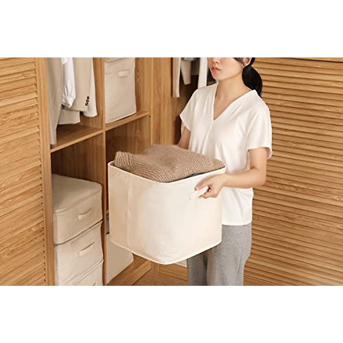 YONBEN Decorative Basket Rectangular Fabric Storage Bin Organizer Basket with Handles for Clothes Storage (13.7 x 13.7 x 6.2, Beige)