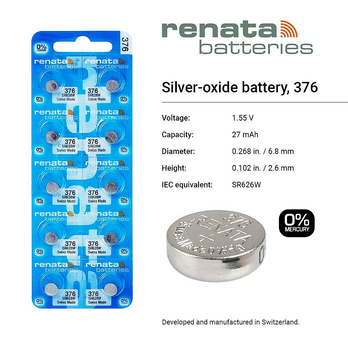 Renata 376 SR626W Batteries - 1.55V Silver Oxide 376 Watch Battery (2 Count)