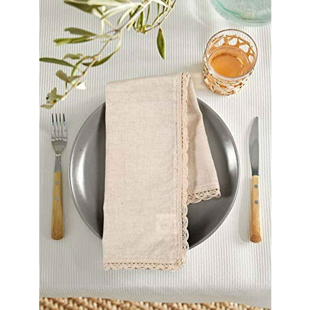 Hausattire Cloth Dinner Napkins in Cotton Flax Fabric with Lace & Tailored Mitered Corners - 20x20 Inches (Set of 12, Natural)