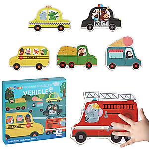 FLYINGSEEDS 6 Packs Vehicles Shaped Wooden Jigsaw Puzzles for Toddlers 1-3, Easy Puzzles with Pattern Blocks, Montessori Learning Toys Preschool Educational Game Class Teaching Best Gifts for Kids 2-4