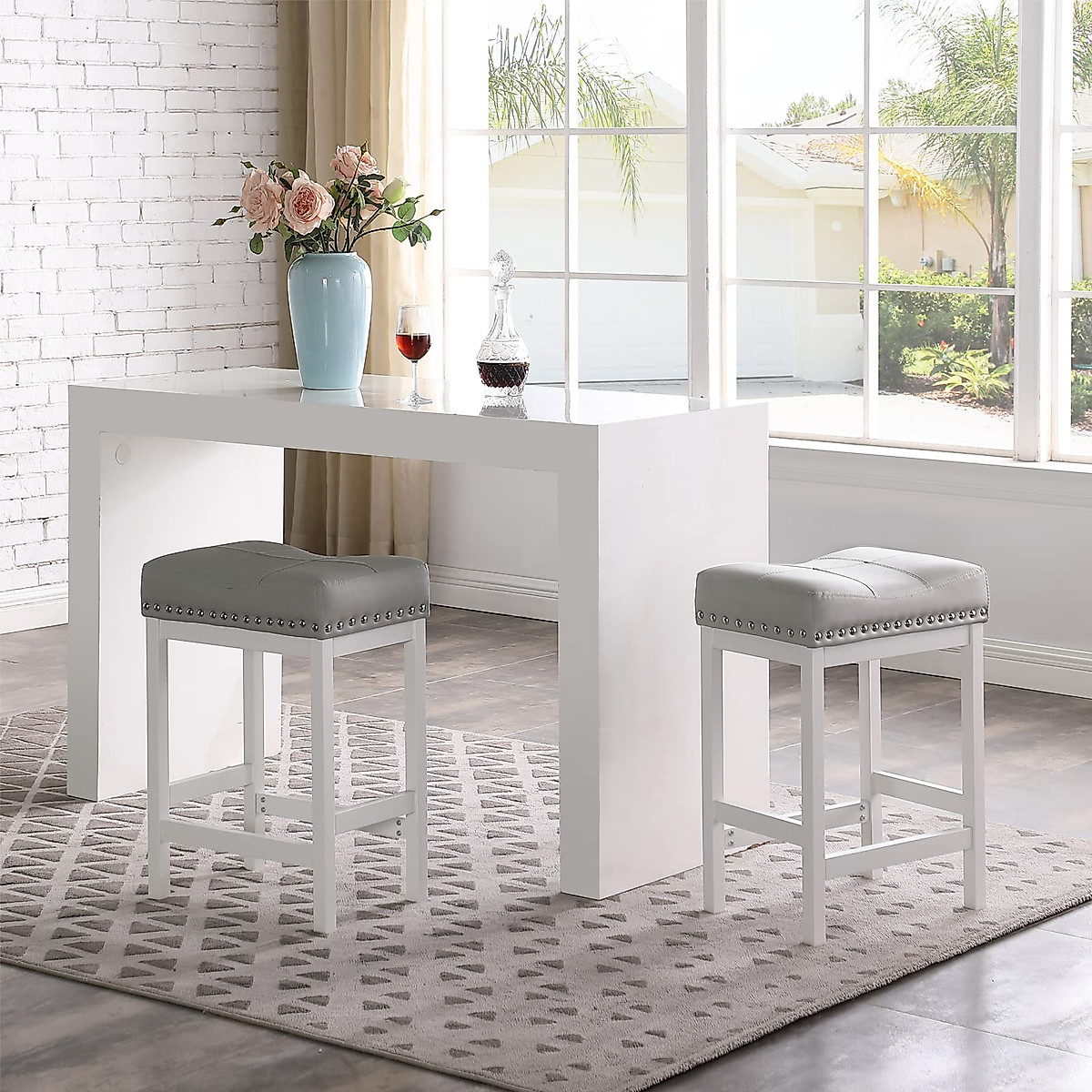 OUllUO Gray White Bar Stools Set of 2, Counter Height Bar Stools, Saddle Barstools, Pu Leather Stools with Metal Frame for Kitchen Island, 918P-NG