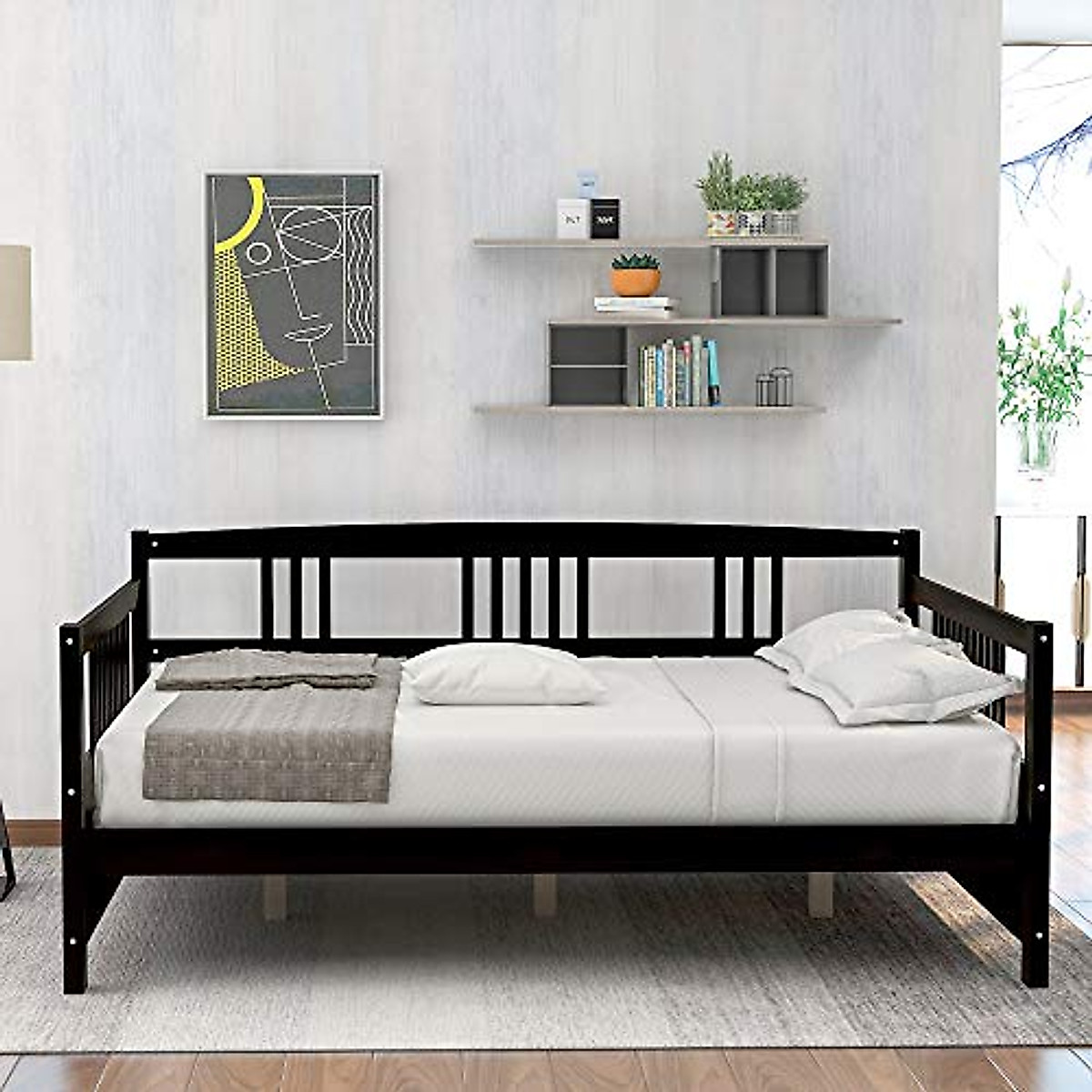 DORAFAIR Modern Bed Frame Full Size Wooden Bed Frame Sturdy Full Size Daybed Dual-use Solid Wood Sofa Daybed for Bedroom Living Room, 78.3" L x 57.1" W x 34.1" H, Espresso