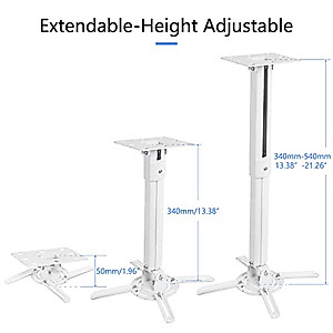 suptek White Projector Ceiling Mount Bracket Fits Flat or Sloped Ceiling Height Adjustable with Extendable Length for LCD/DLP Projectors (PR05)