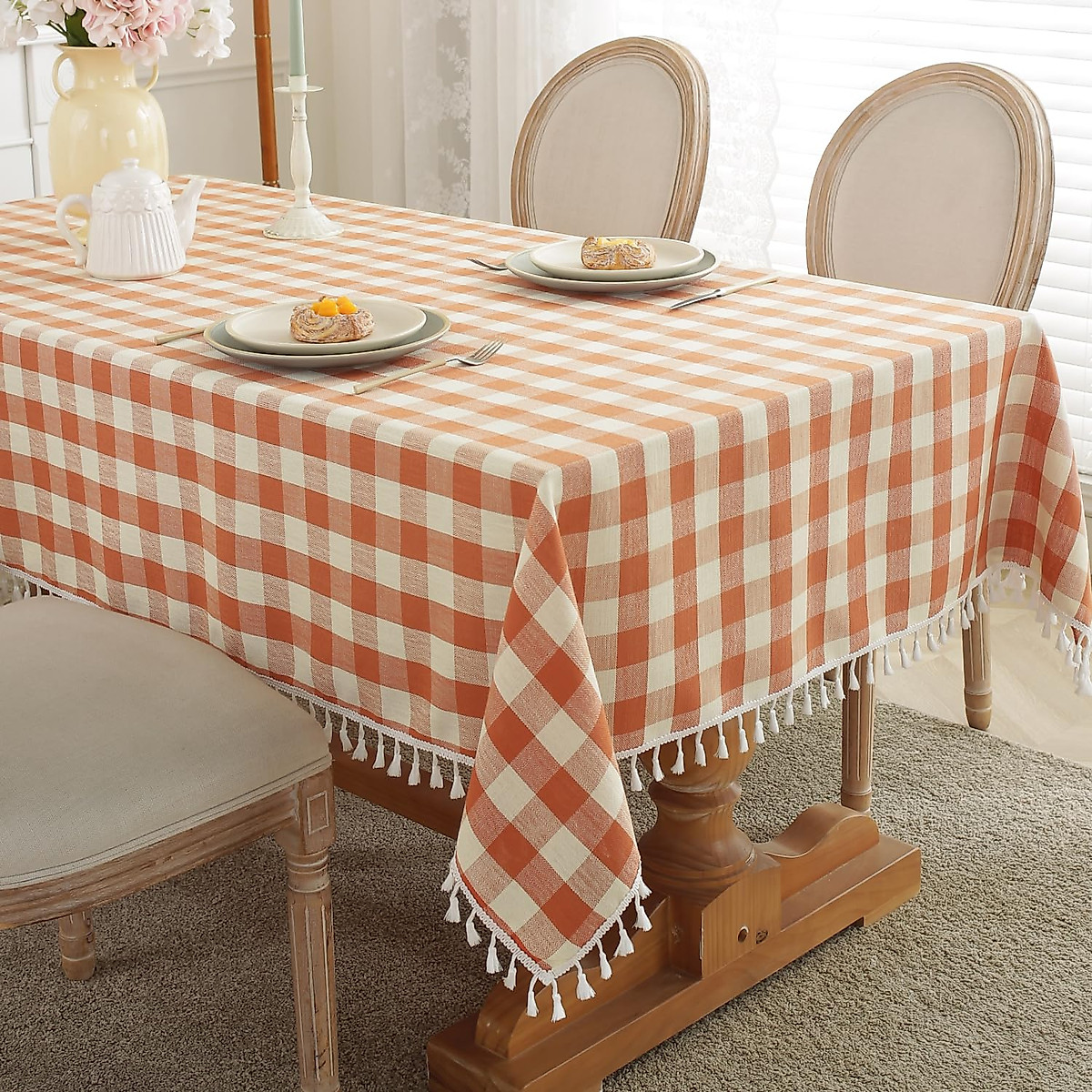 Laolitou Checkered Thanksgiving Tablecloth Rectangle Washable Buffalo Plaid Fall Table Cloth with Tassel Cotton Linen Gingham Table Cover for Dining Room, Orange, Rectangle, 55''x70'', 4-6 Seats