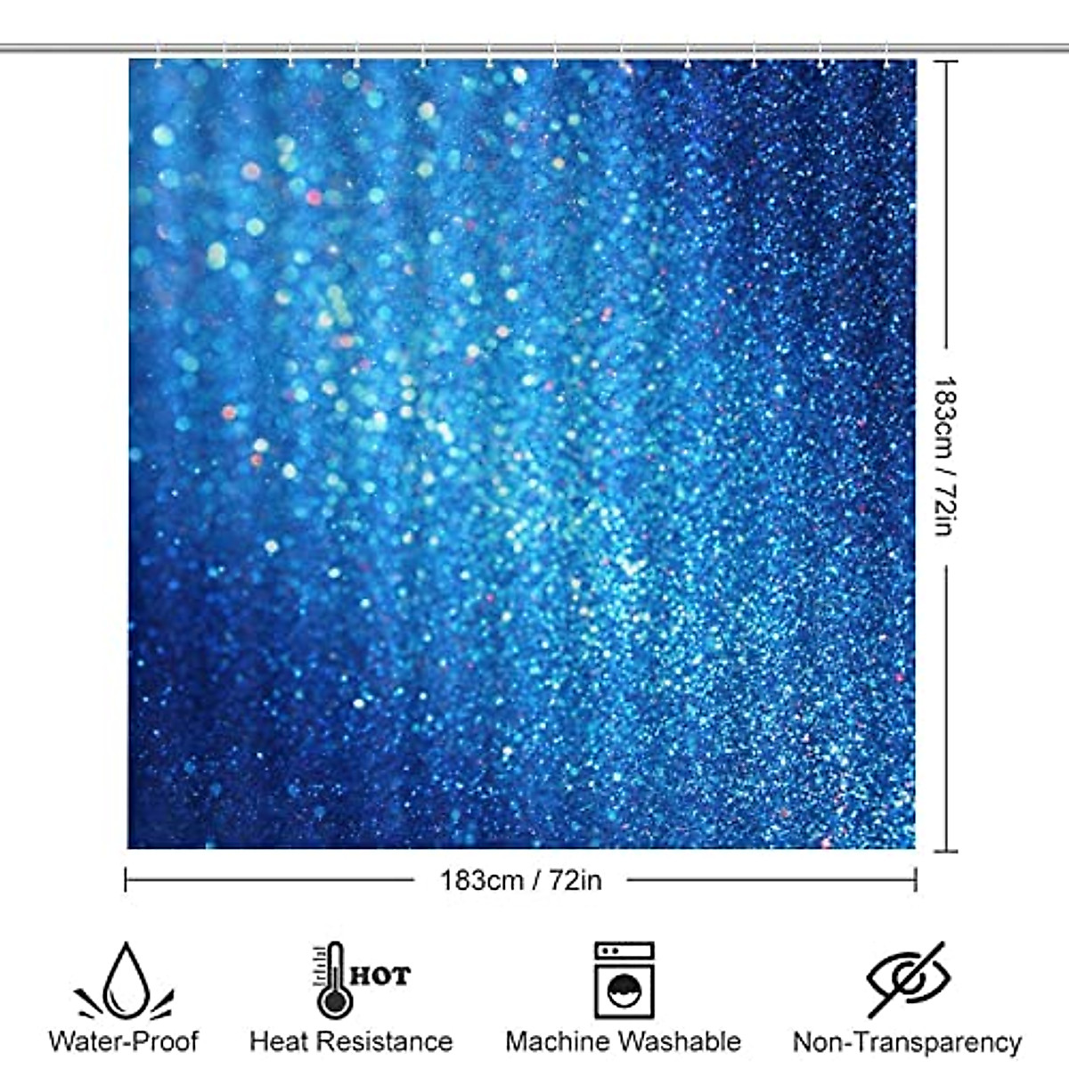 4PCS Blue Glitter Waterproof Shower Curtain Set with Non-Slip Rugs Toilet Lid Cover and Bath Mat Polyester Bathroom Curtain with Hooks 72"x72"