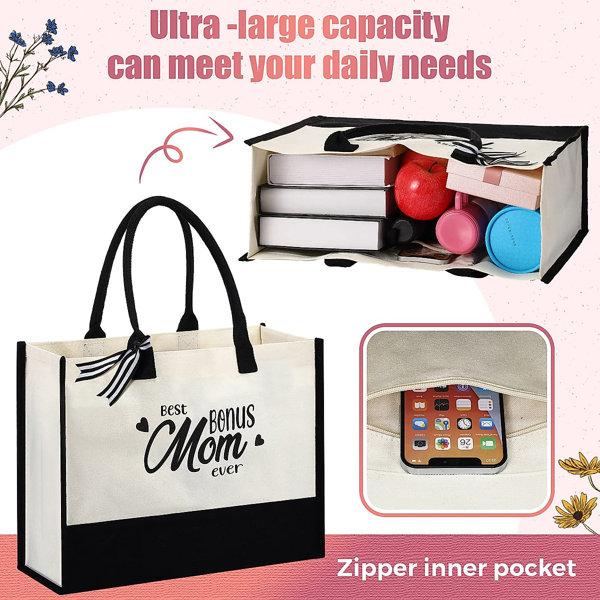 Best Bonus Mom Ever Appreciation Gifts Canvas Tote Bag Women Mother's Day Gift for Stepmom with Zipper Kitchen Reusable Grocery Bags Birthday Thank You Gift from Daughter Son Black and White