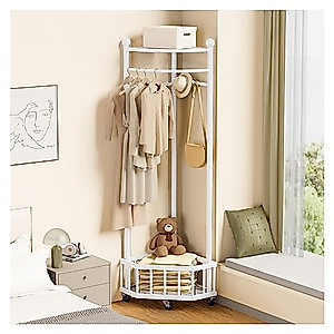 KDFWYDS Metal Coat Rack with Wheels Freestanding Closet Organizer with 2 Storage Shelves Corner Hall Tree for Entryway, Bedroom (Color : White, Size : 100 * 32 * 175CM)