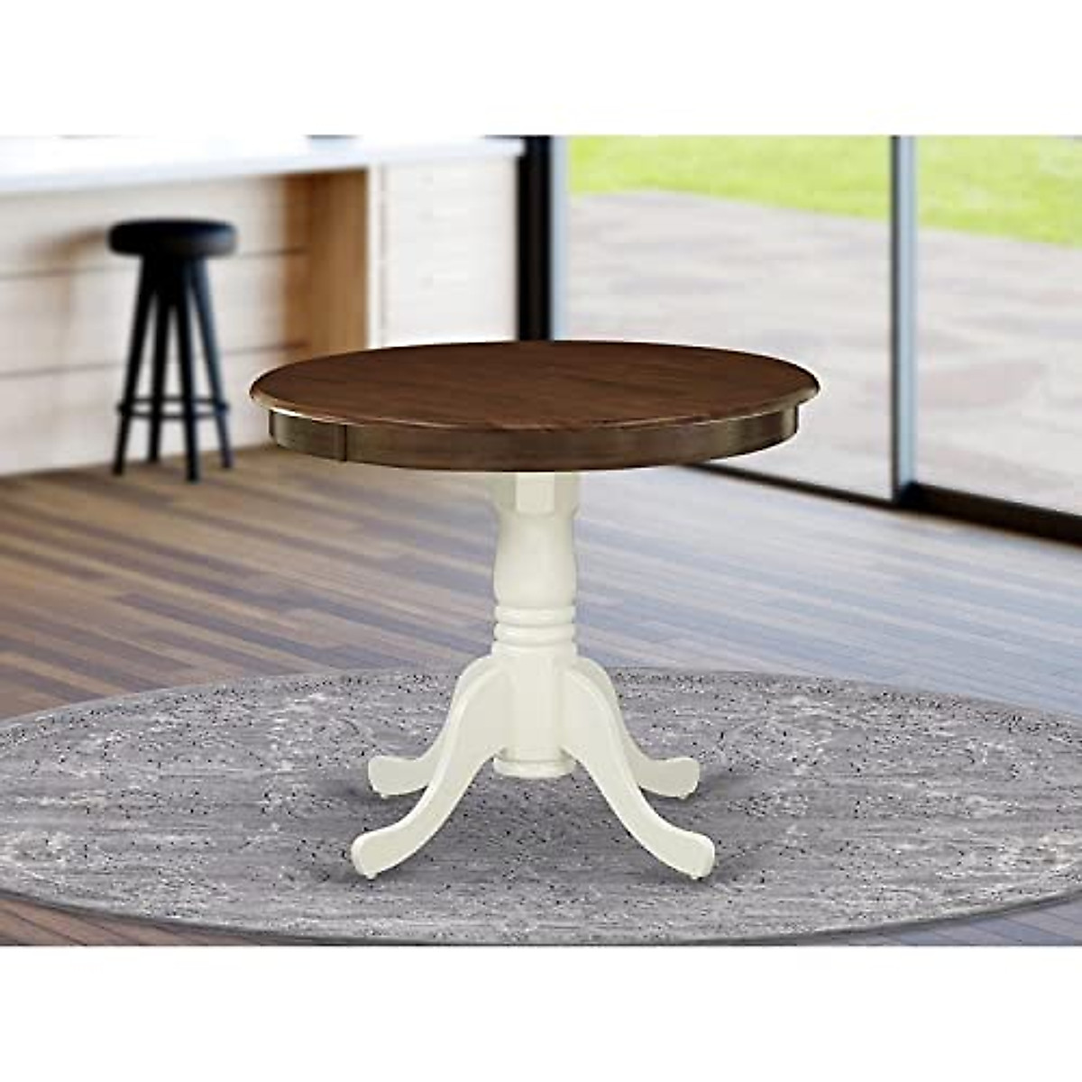 East West Furniture Kitchen AMT-WLW-TP Mid Century Modern Dining Table with Walnut Round Tabletop and 36 x 29.5-Linen White Finish