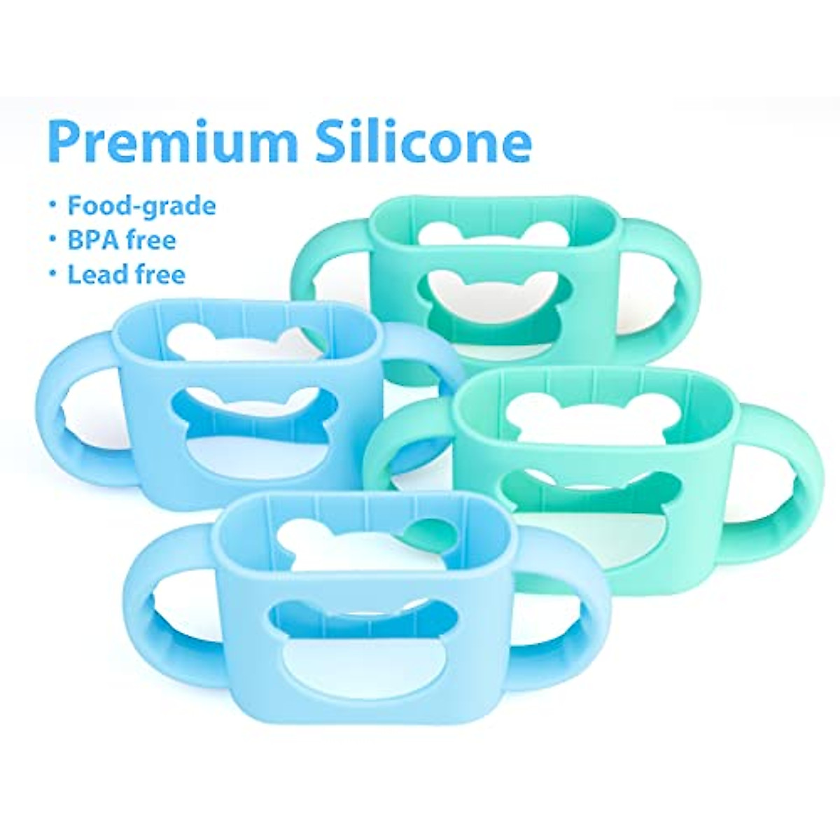Baby Bottle Handles, Durable Food Grade Silicone Transitional Sippy Cup Handle Grip for Wide-Neck Baby Bottles, Cute Bear Design, Pack of 2, Blue & Turquoise